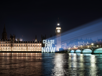 Gaza: Campaigners project 'Ceasefire Now' on Parliament | ICN